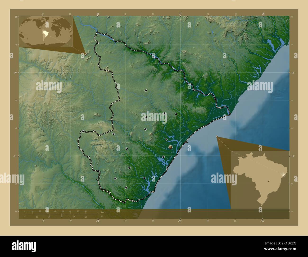 Sergipe, state of Brazil. Colored elevation map with lakes and rivers ...