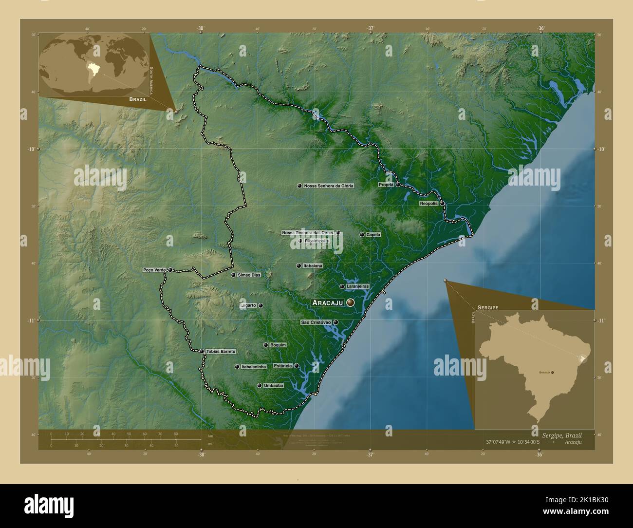 Sergipe, state of Brazil. Colored elevation map with lakes and rivers ...