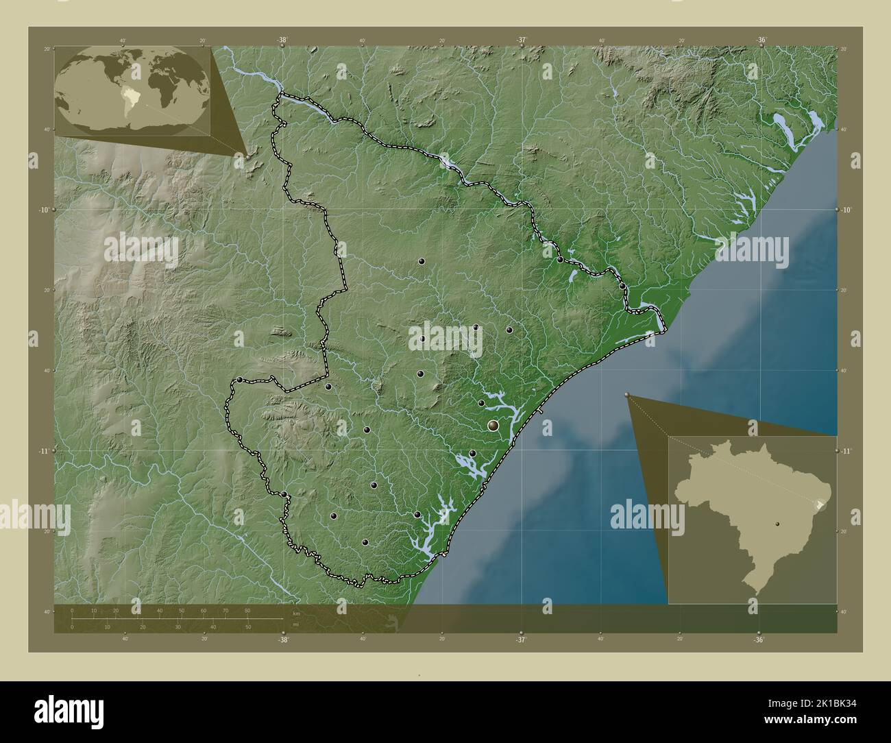 Sergipe, state of Brazil. Elevation map colored in wiki style with ...