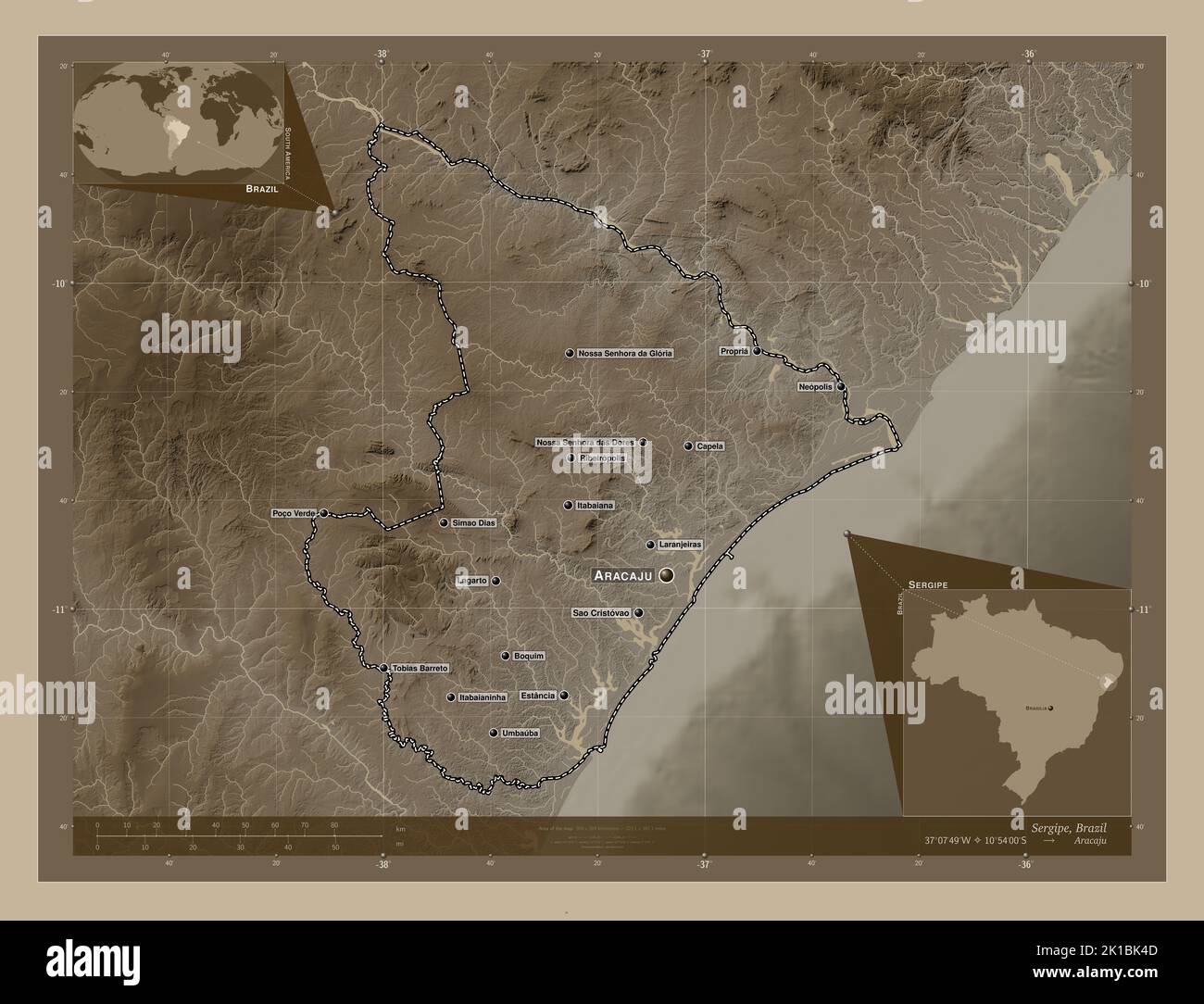 Sergipe, state of Brazil. Elevation map colored in sepia tones with ...