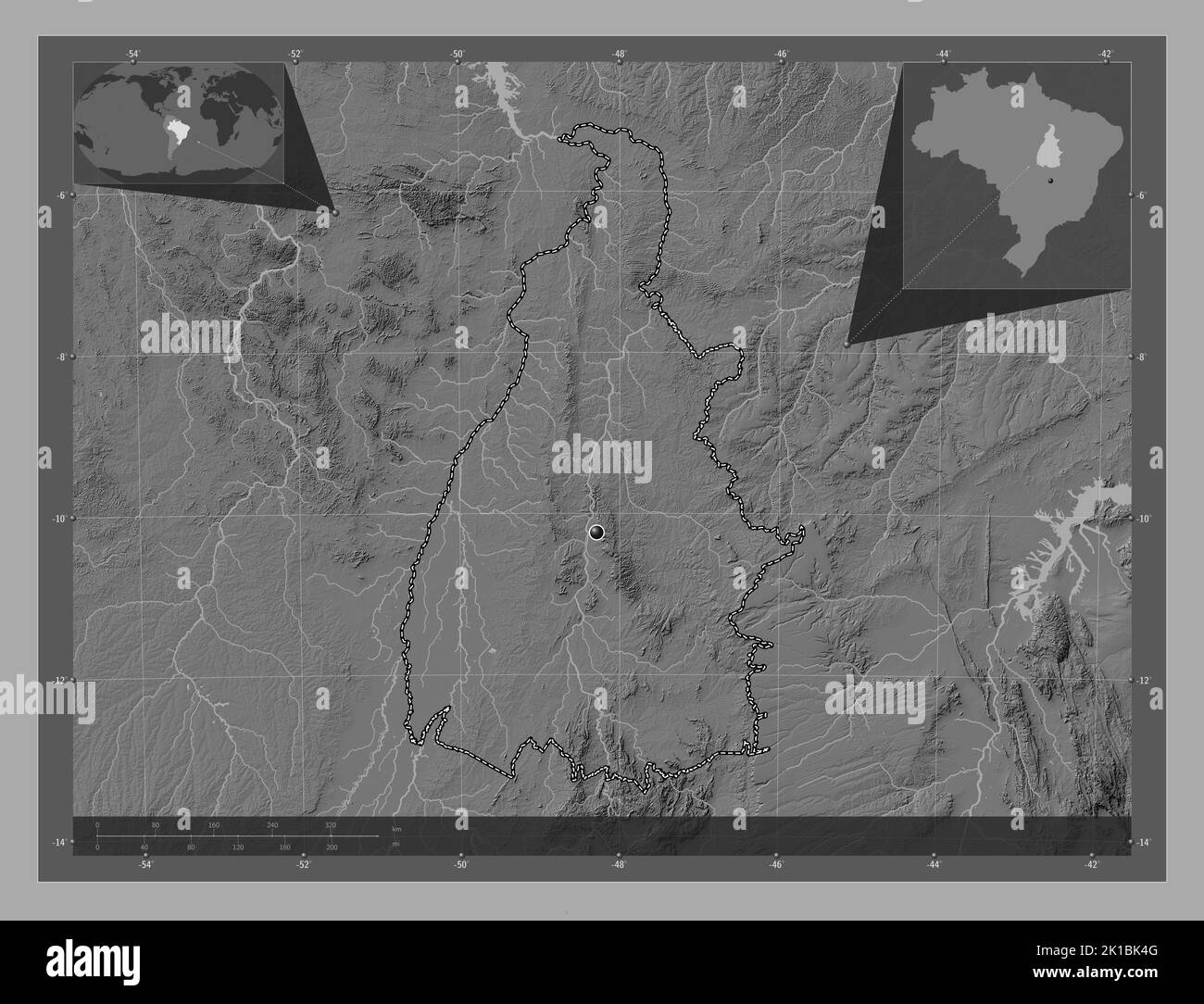 Tocantins, state of Brazil. Bilevel elevation map with lakes and rivers. Corner auxiliary ...