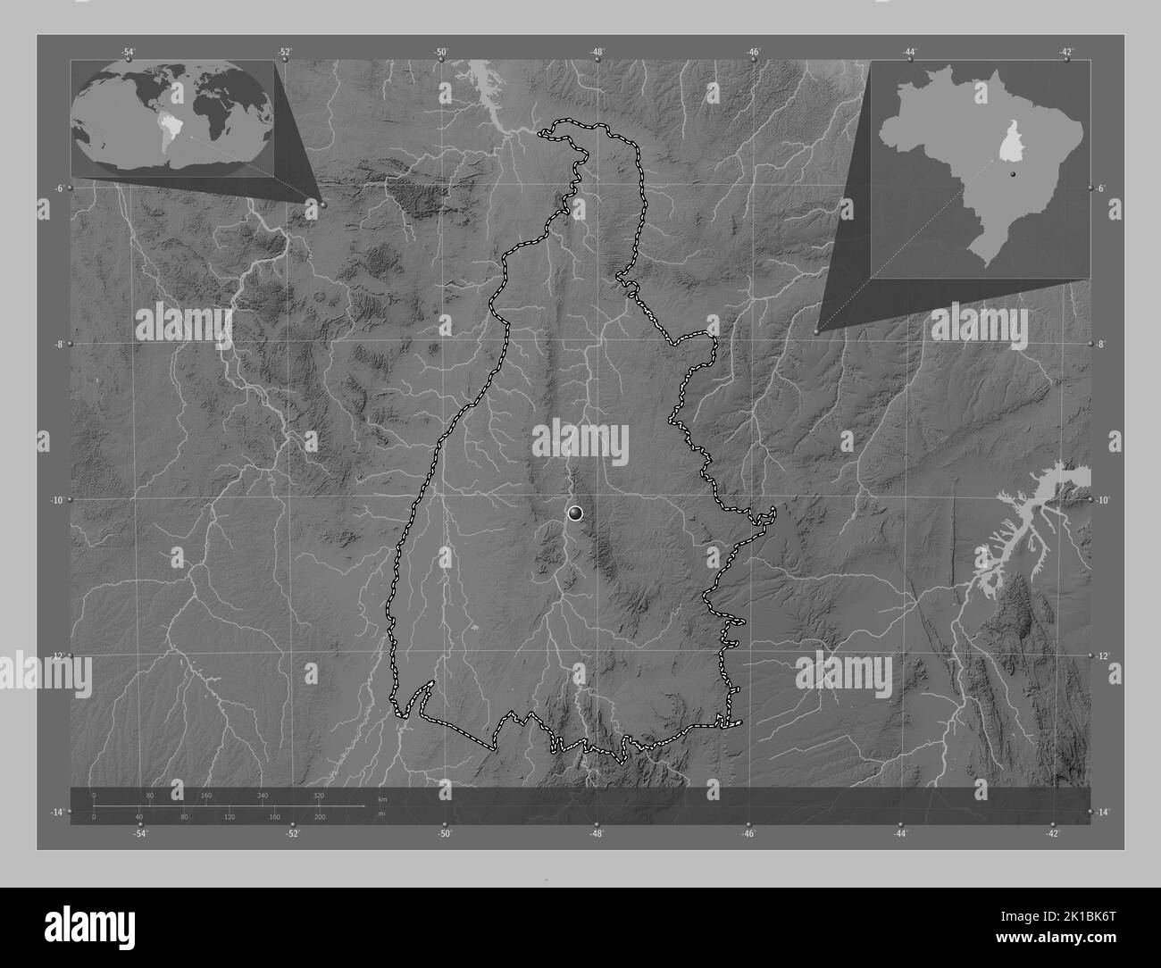 Tocantins, state of Brazil. Grayscale elevation map with lakes and rivers. Corner auxiliary ...
