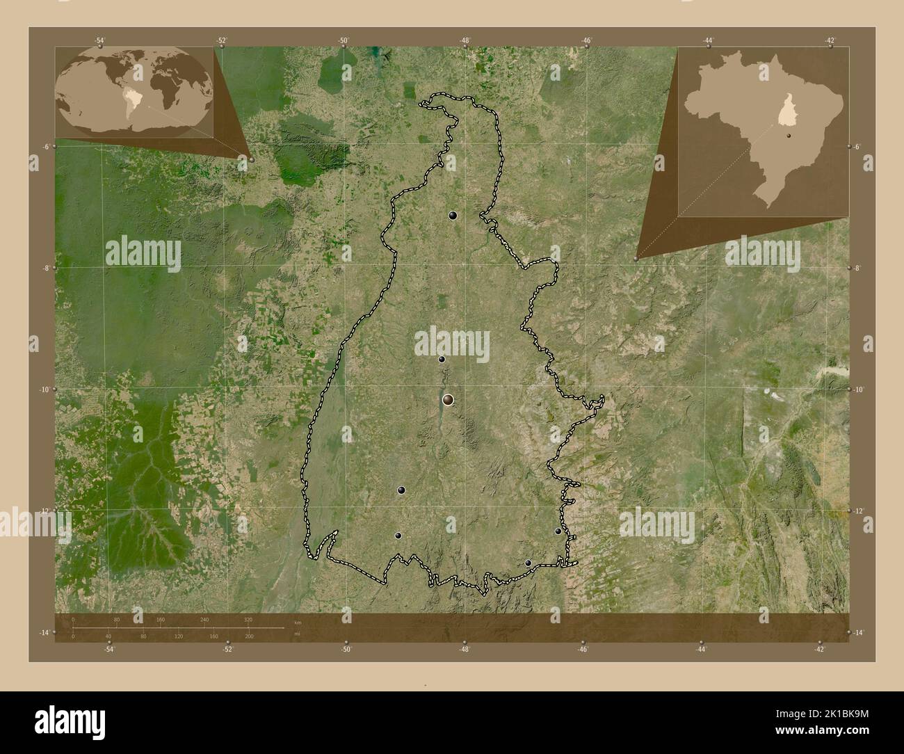 Tocantins, state of Brazil. Low resolution satellite map. Locations of ...