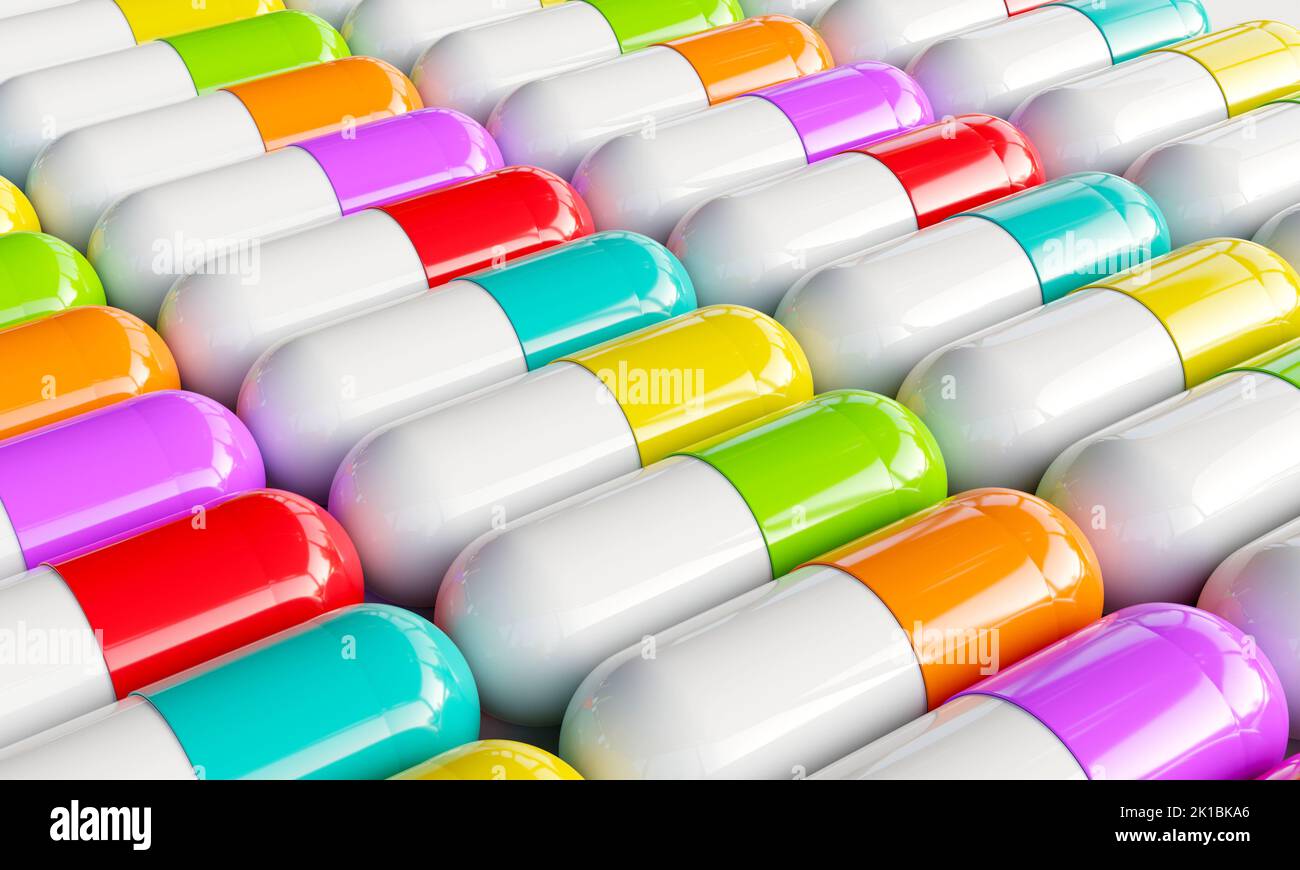 Vitamin Capsules with different colors in line. 3D Rendering Stock ...