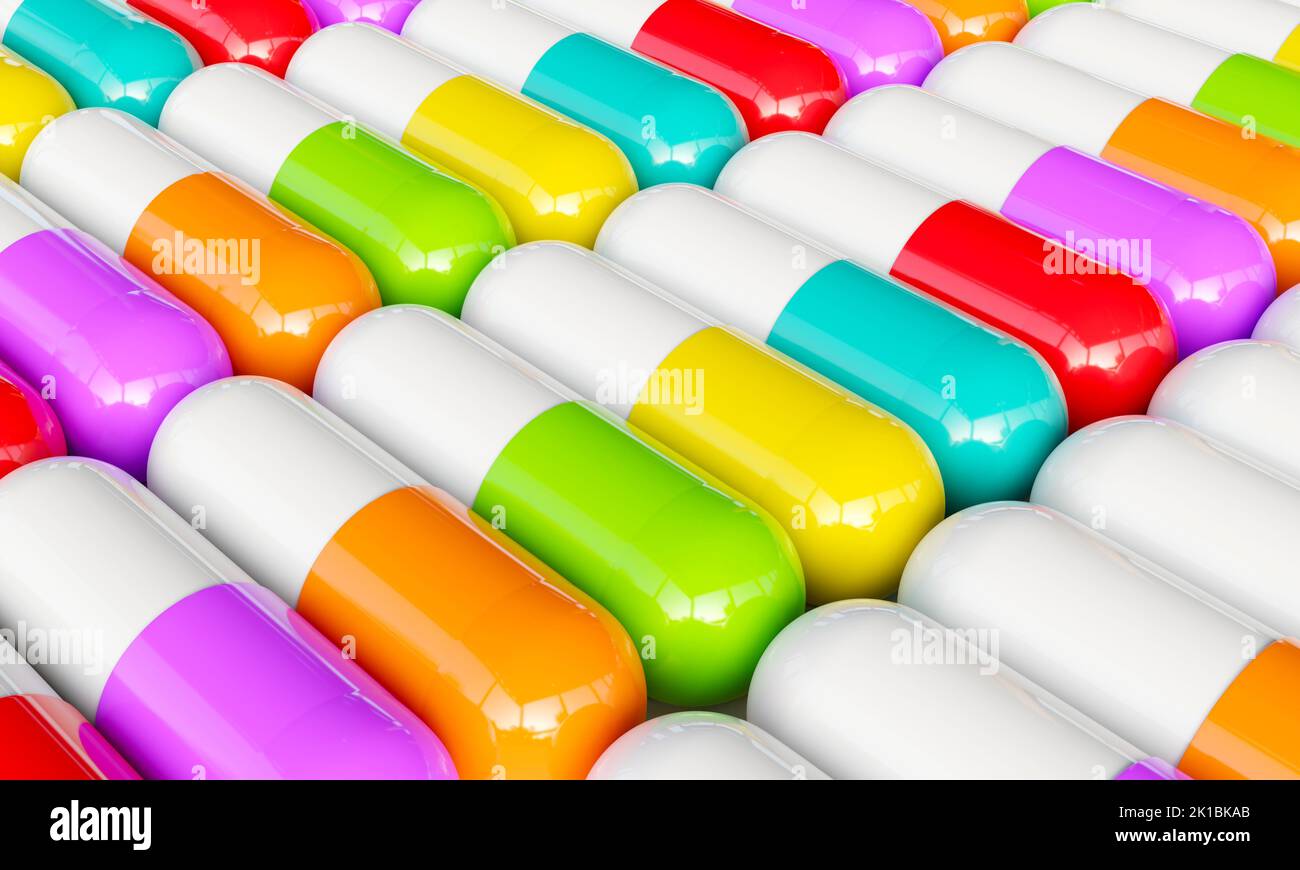 Vitamin Capsules with different colors in line. 3D Rendering Stock ...