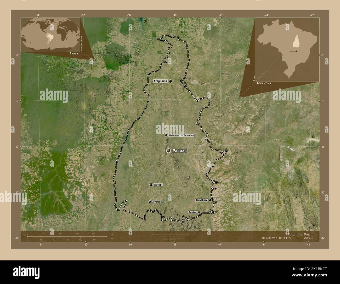 Tocantins, state of Brazil. Low resolution satellite map. Locations and ...
