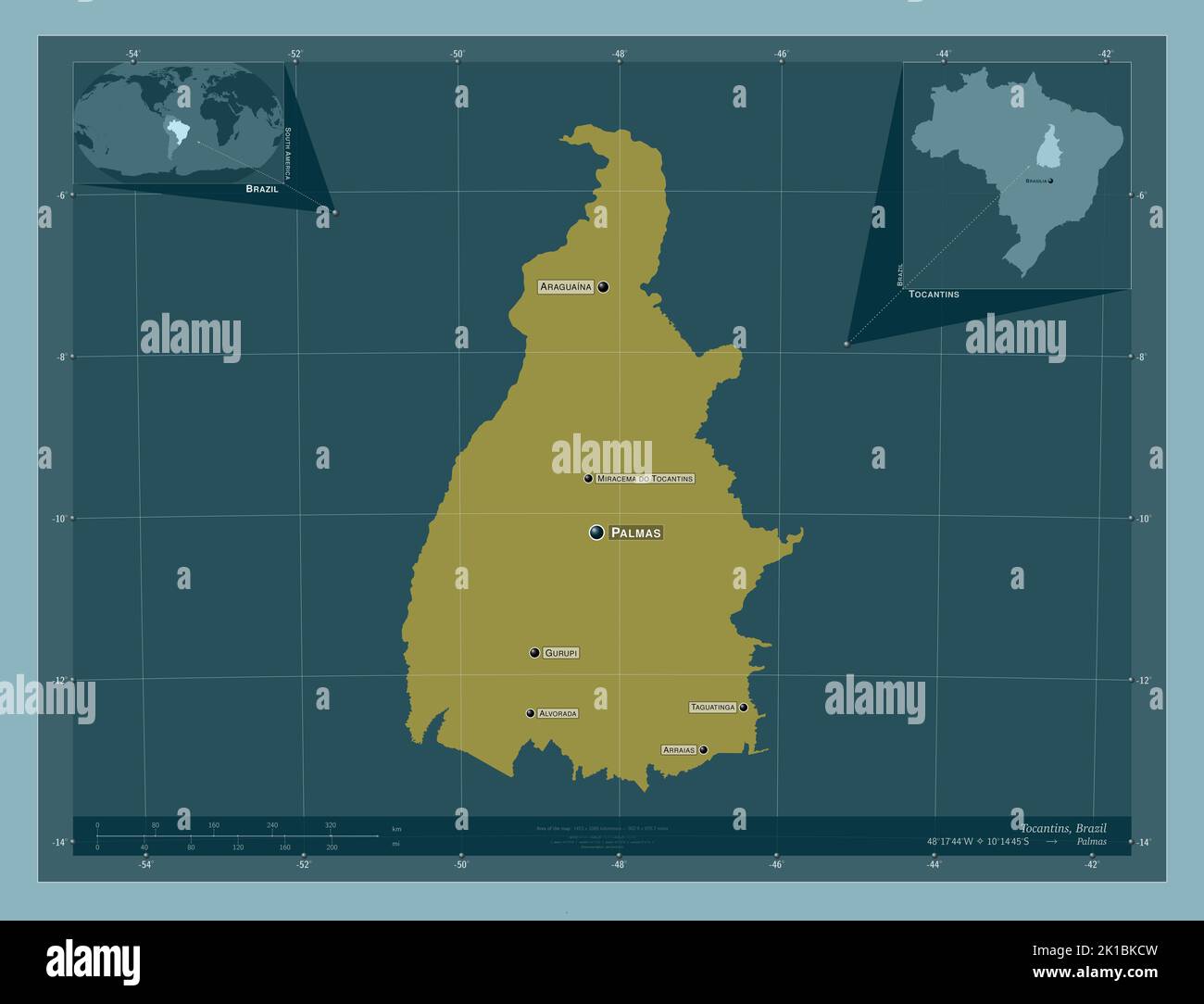 Tocantins, state of Brazil. Solid color shape. Locations and names of ...