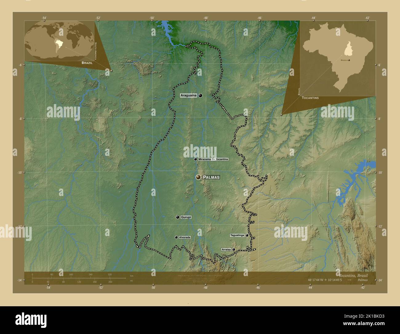 Tocantins, state of Brazil. Colored elevation map with lakes and rivers ...