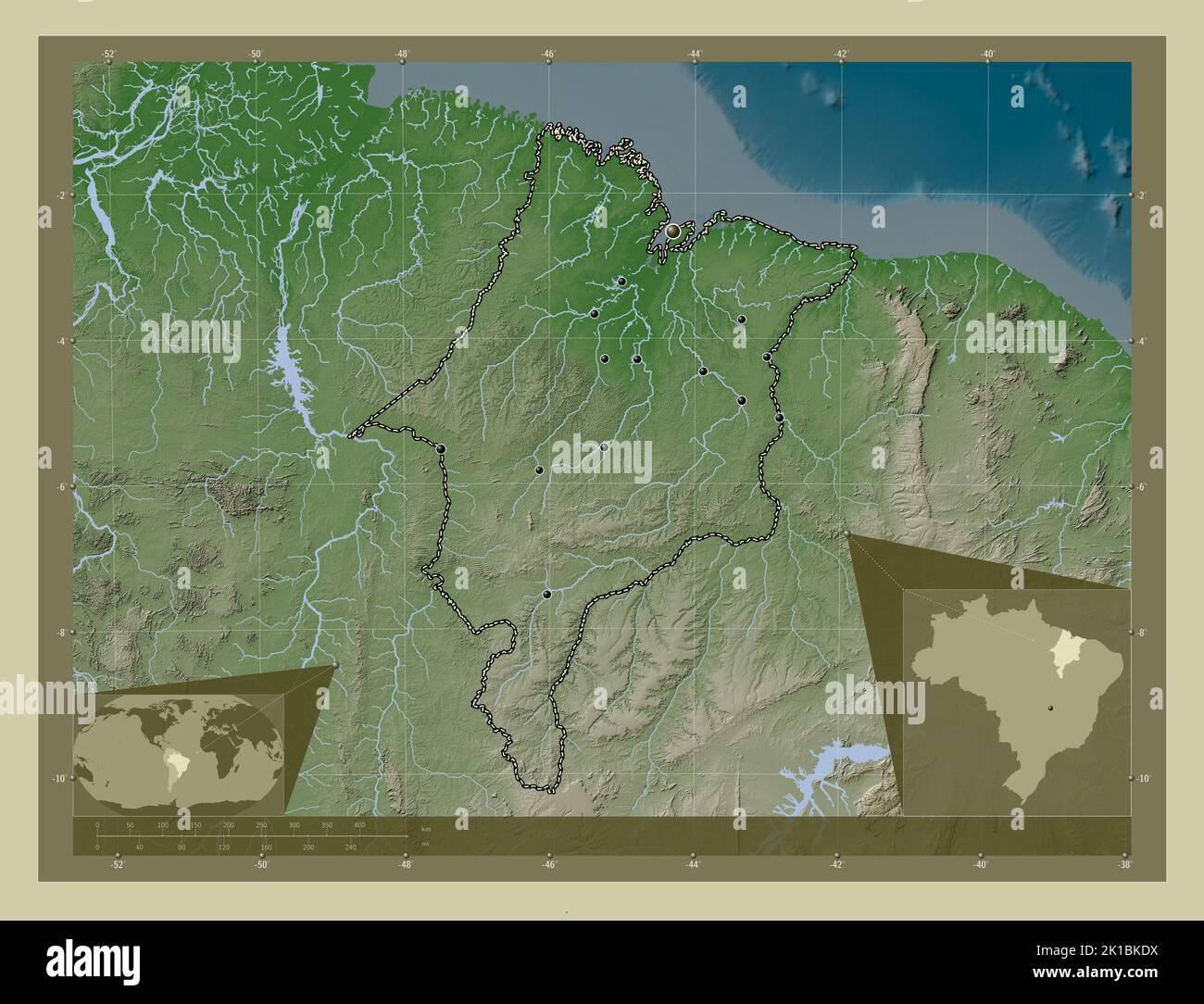 Maranhao, state of Brazil. Elevation map colored in wiki style with lakes and rivers. Locations ...