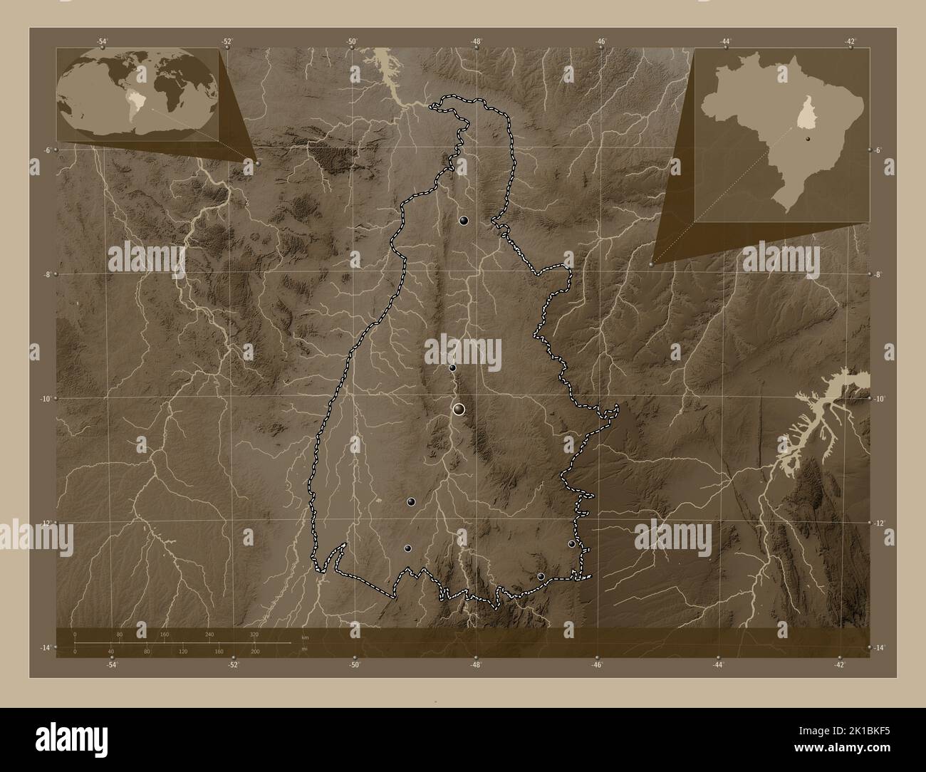 Tocantins, state of Brazil. Elevation map colored in sepia tones with ...