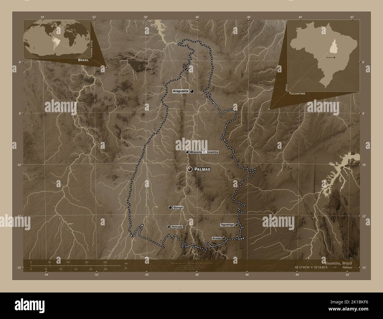 Tocantins, state of Brazil. Elevation map colored in sepia tones with ...