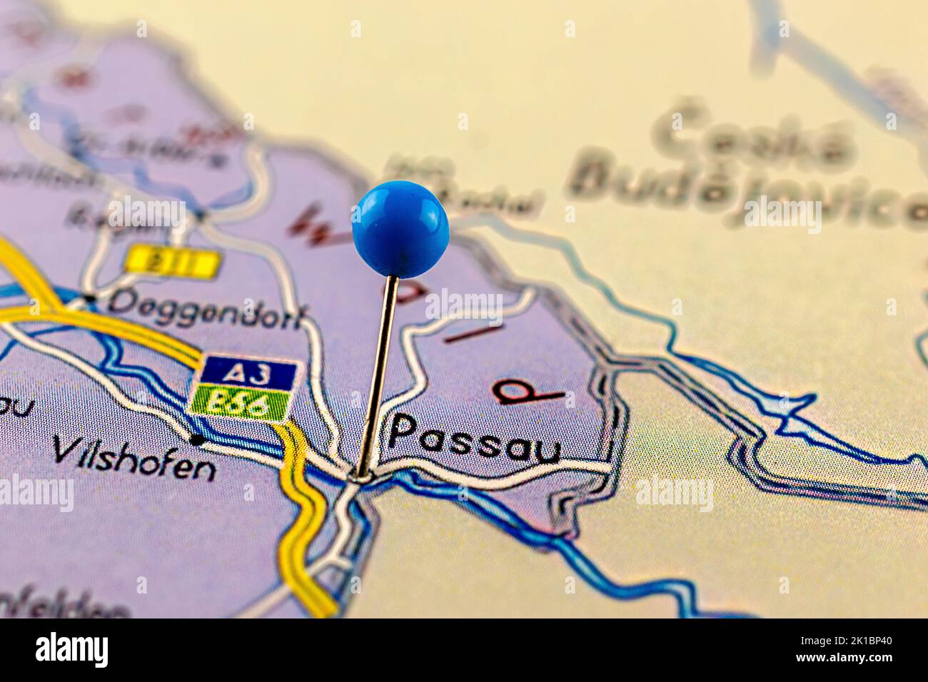Passau map. Close up of Passau map with blue pin. Map with red pin ...