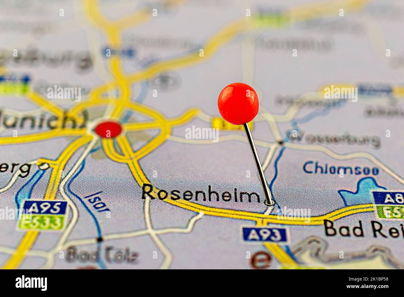Rosenheim map. Close up of Rosenheim map with red pin. Map with red pin ...