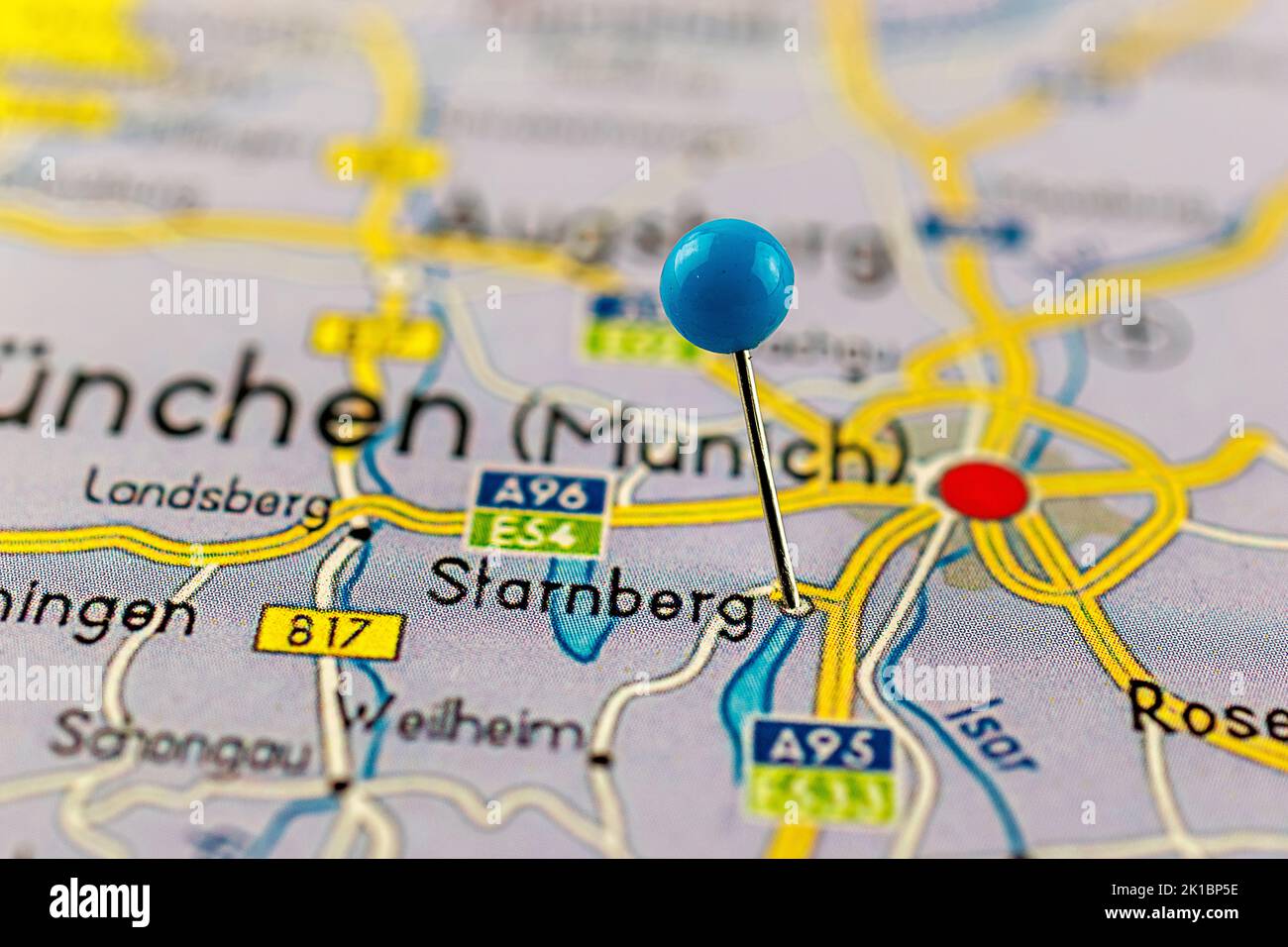Starnberg map. Close up of Starnberg map with red pin. Map with red pin ...