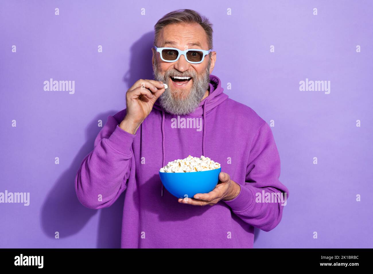 Photo of retired handsome ecstatic man wear purple hoodie 3d glasses ...