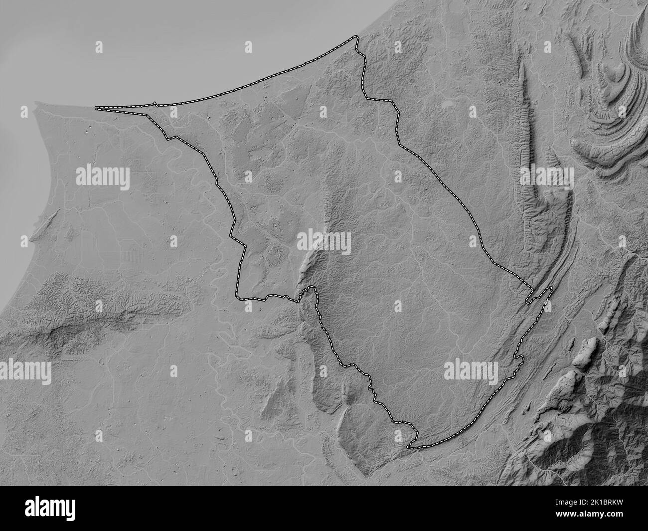 Belait, district of Brunei. Grayscale elevation map with lakes and ...