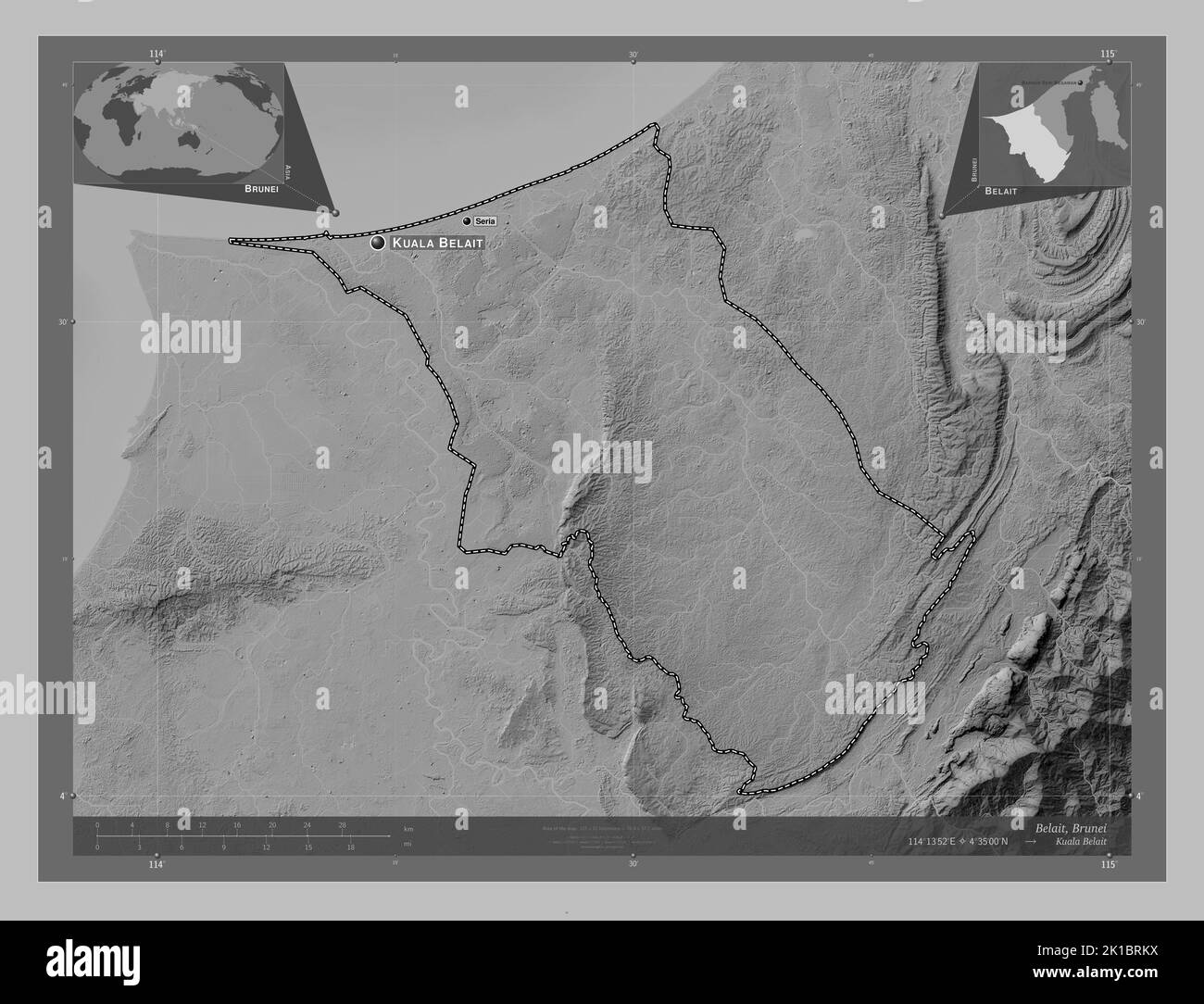Belait, district of Brunei. Grayscale elevation map with lakes and ...