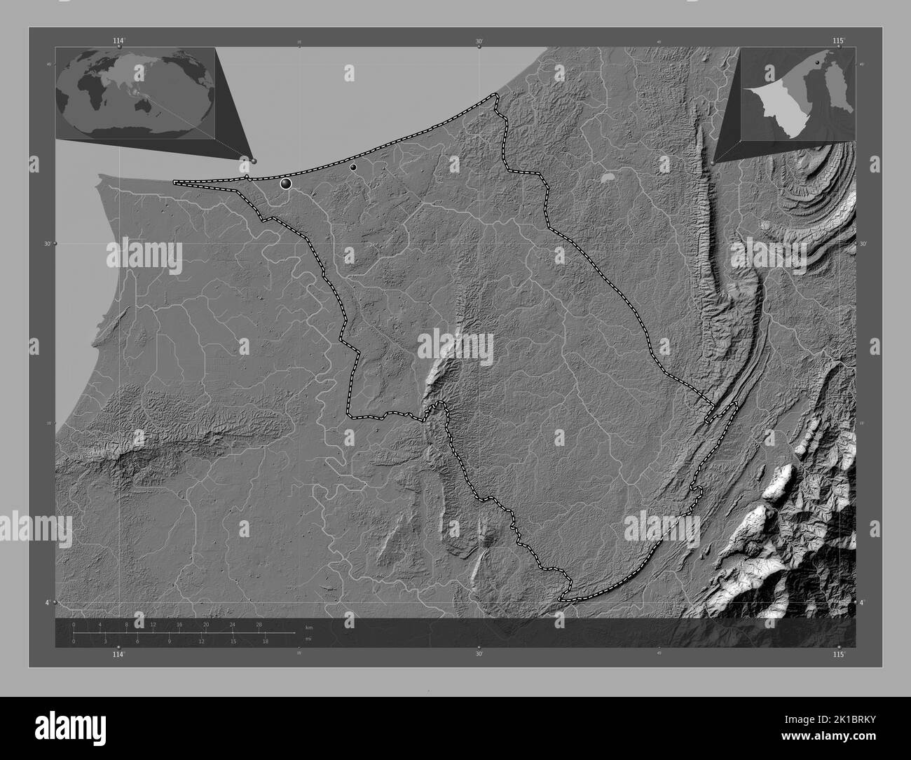 Belait, district of Brunei. Bilevel elevation map with lakes and rivers ...