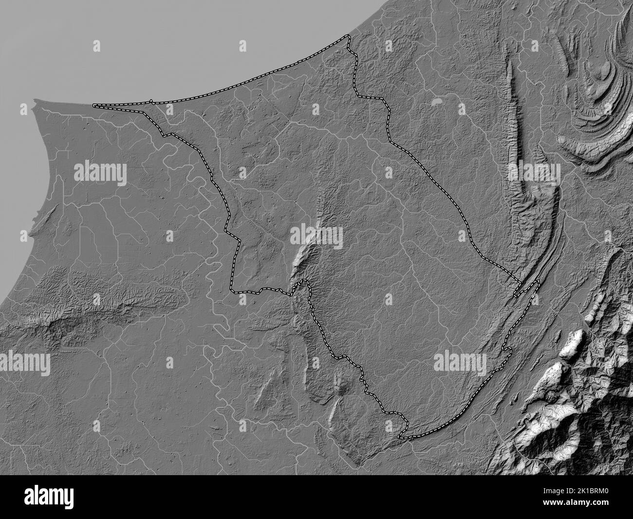 Belait, district of Brunei. Bilevel elevation map with lakes and rivers ...
