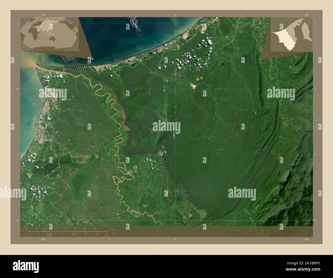 Belait, district of Brunei. High resolution satellite map. Locations of ...