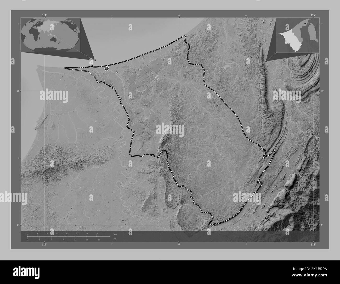 Belait, district of Brunei. Grayscale elevation map with lakes and ...
