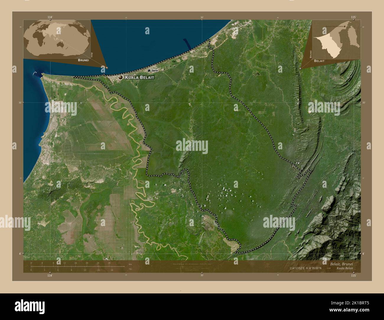 Belait, district of Brunei. Low resolution satellite map. Locations and ...