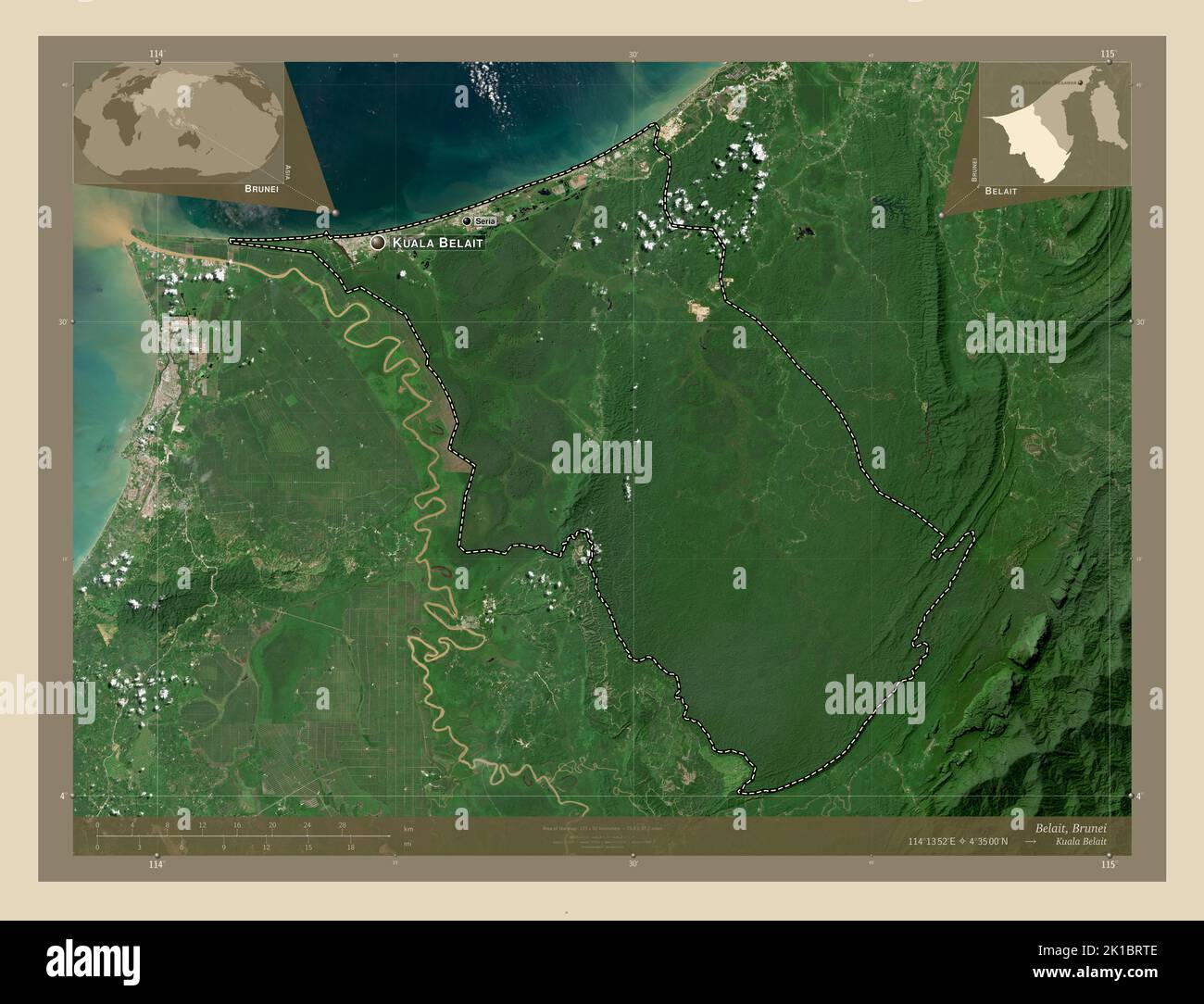 Belait, district of Brunei. High resolution satellite map. Locations ...