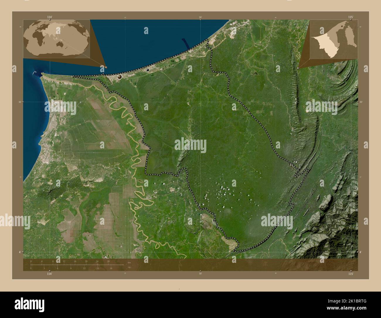 Belait, district of Brunei. Low resolution satellite map. Locations of ...
