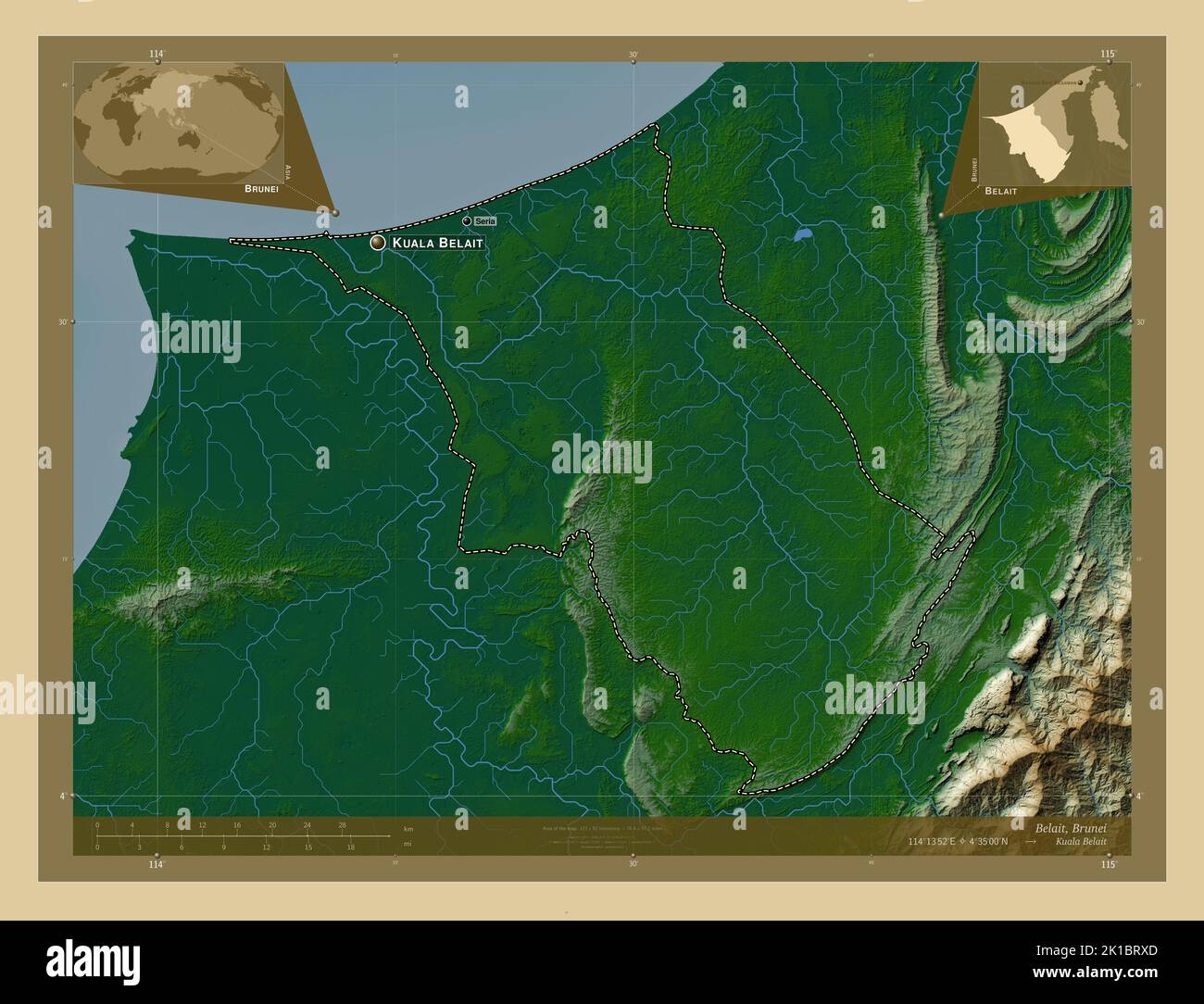 Belait, district of Brunei. Colored elevation map with lakes and rivers ...