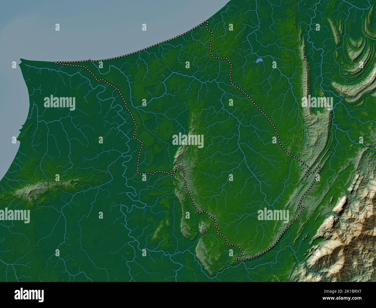 Belait, district of Brunei. Colored elevation map with lakes and rivers ...