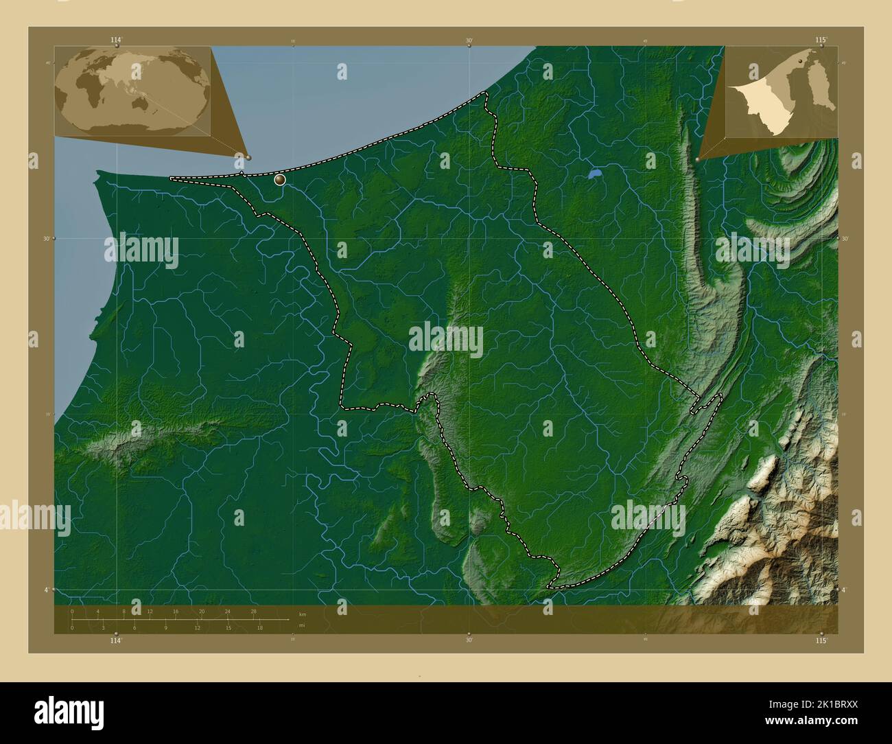 Belait, district of Brunei. Colored elevation map with lakes and rivers ...