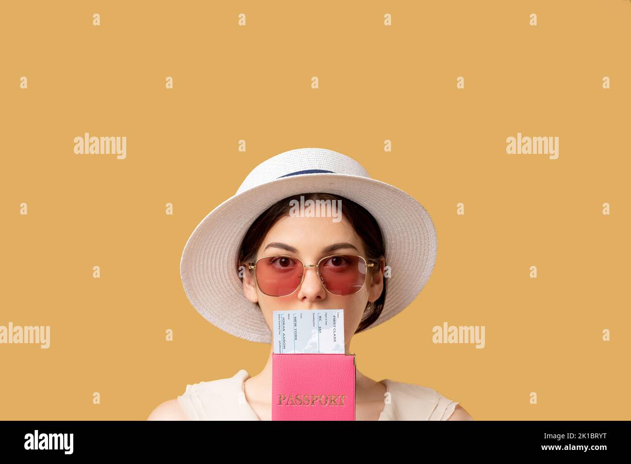 Holiday trip. Vacation plans. Travel agency. Surprised woman white hat ...