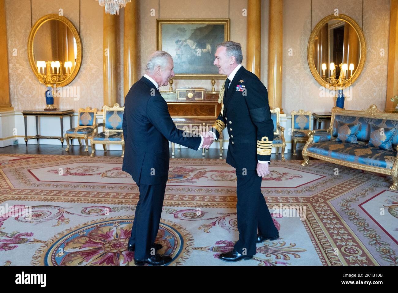 King Charles III greets Admiral Sir Tony Radakin, Chief of the Defence ...