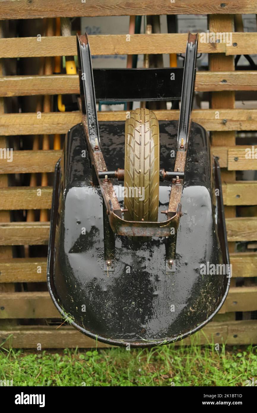 A vertical shot of a wet wheelbarrow hanging upside down at a garden ...