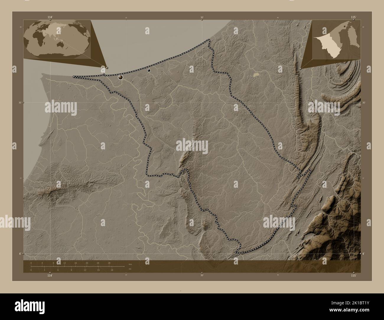 Belait, district of Brunei. Elevation map colored in sepia tones with ...
