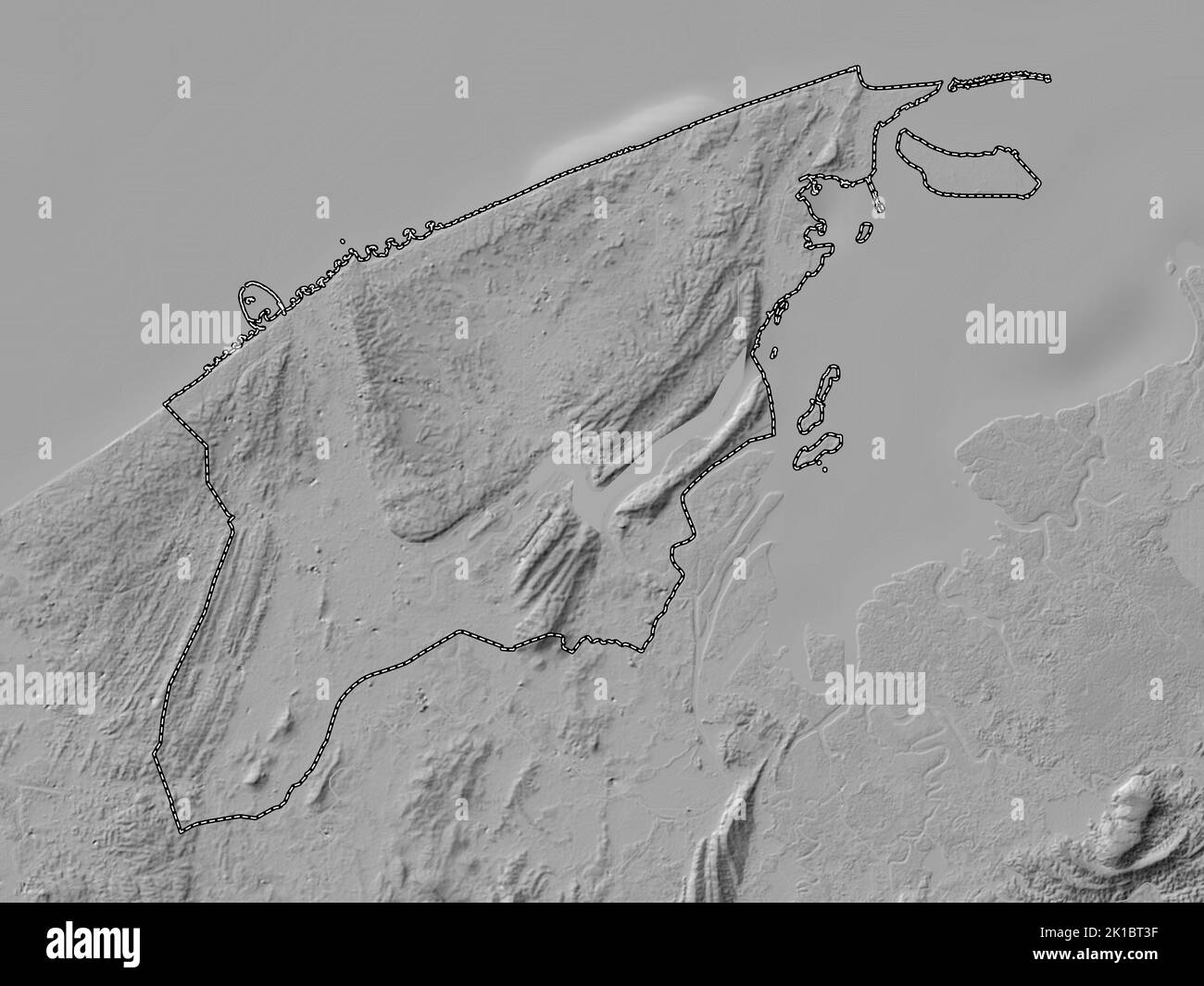 Brunei and Muara, district of Brunei. Grayscale elevation map with ...