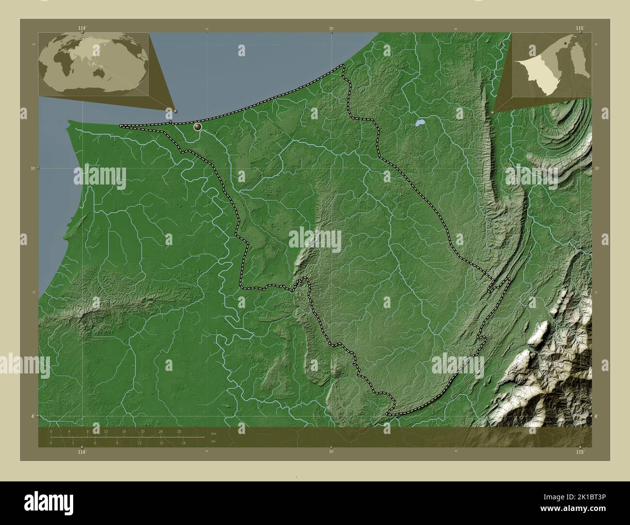 Belait, district of Brunei. Elevation map colored in wiki style with ...