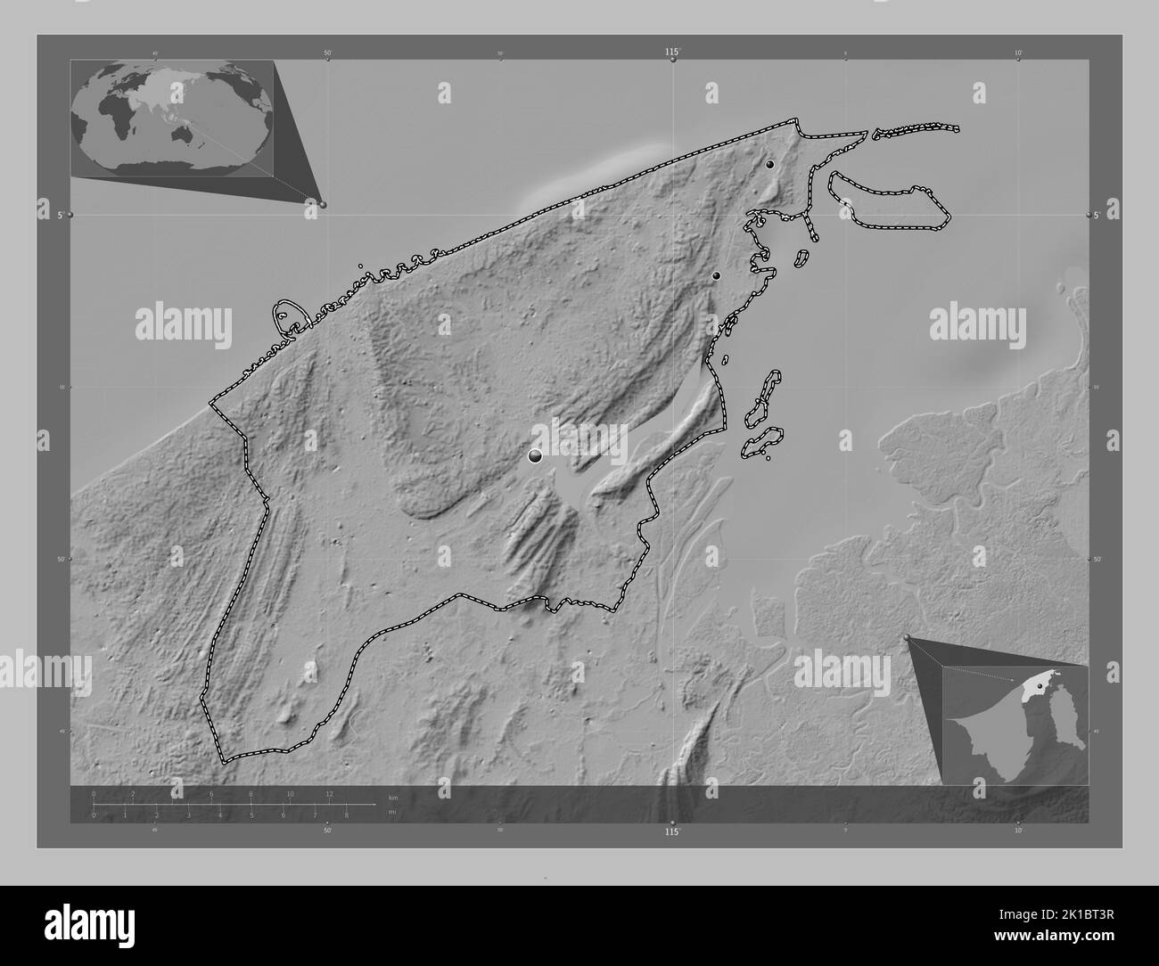 Brunei and Muara, district of Brunei. Grayscale elevation map with ...
