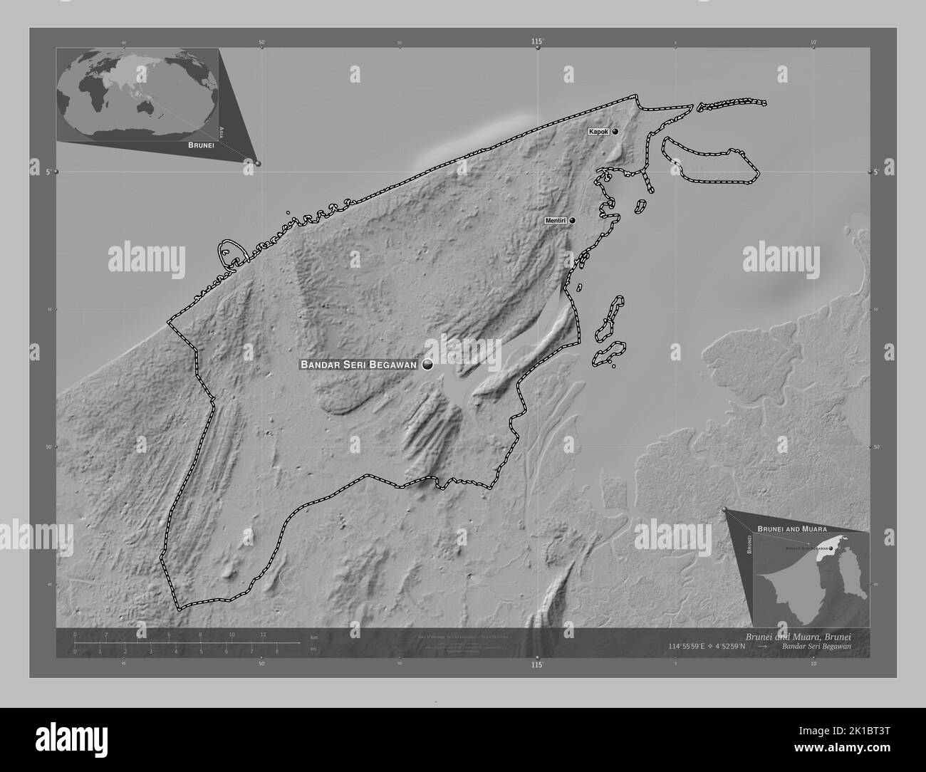 Brunei and Muara, district of Brunei. Grayscale elevation map with ...