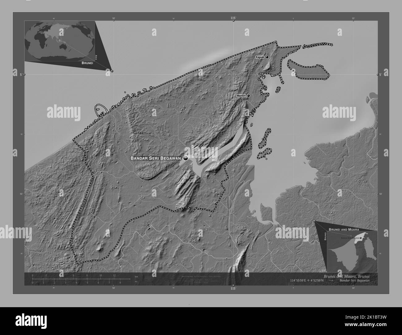 Brunei and Muara, district of Brunei. Bilevel elevation map with lakes ...