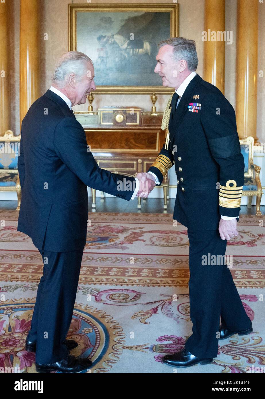 King Charles III greets Admiral Sir Tony Radakin, Chief of the Defence ...