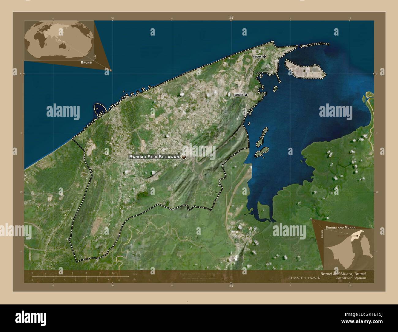 Brunei and Muara, district of Brunei. Low resolution satellite map ...