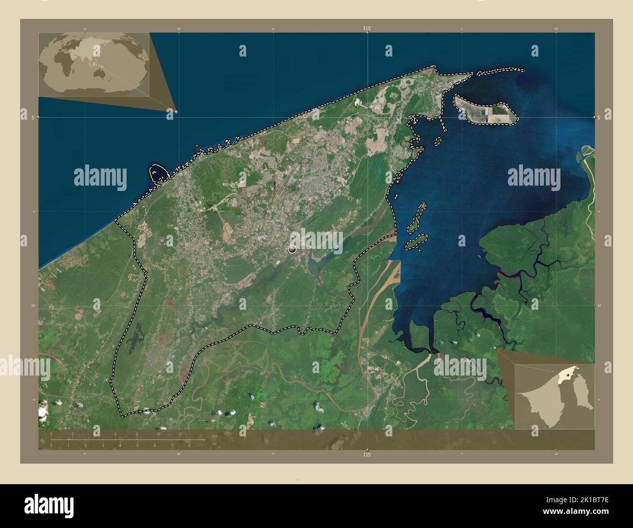 Brunei and Muara, district of Brunei. High resolution satellite map ...