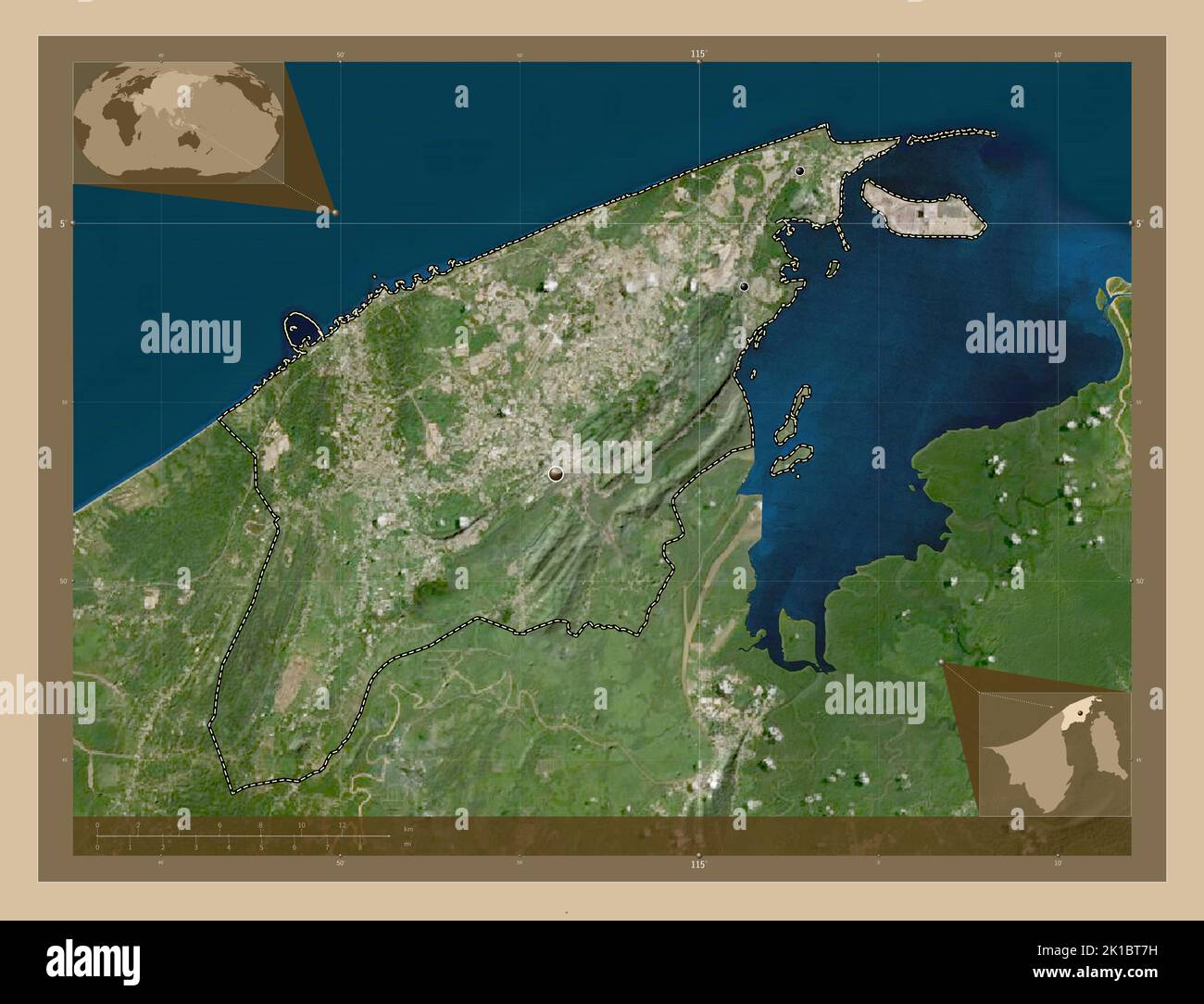 Brunei and Muara, district of Brunei. Low resolution satellite map ...