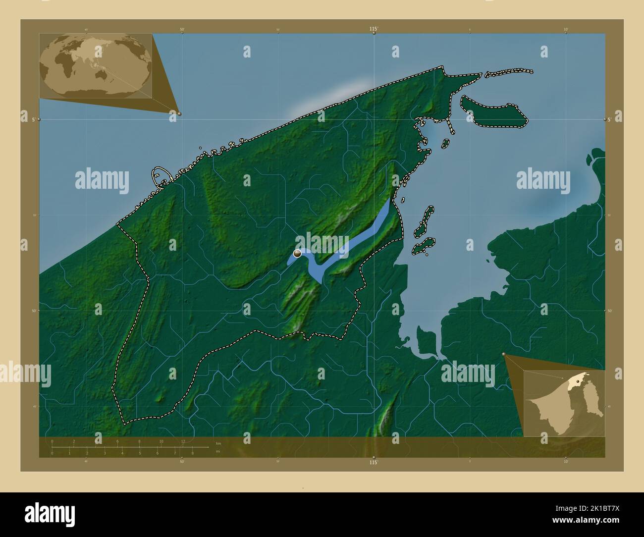 Brunei and Muara, district of Brunei. Colored elevation map with lakes ...