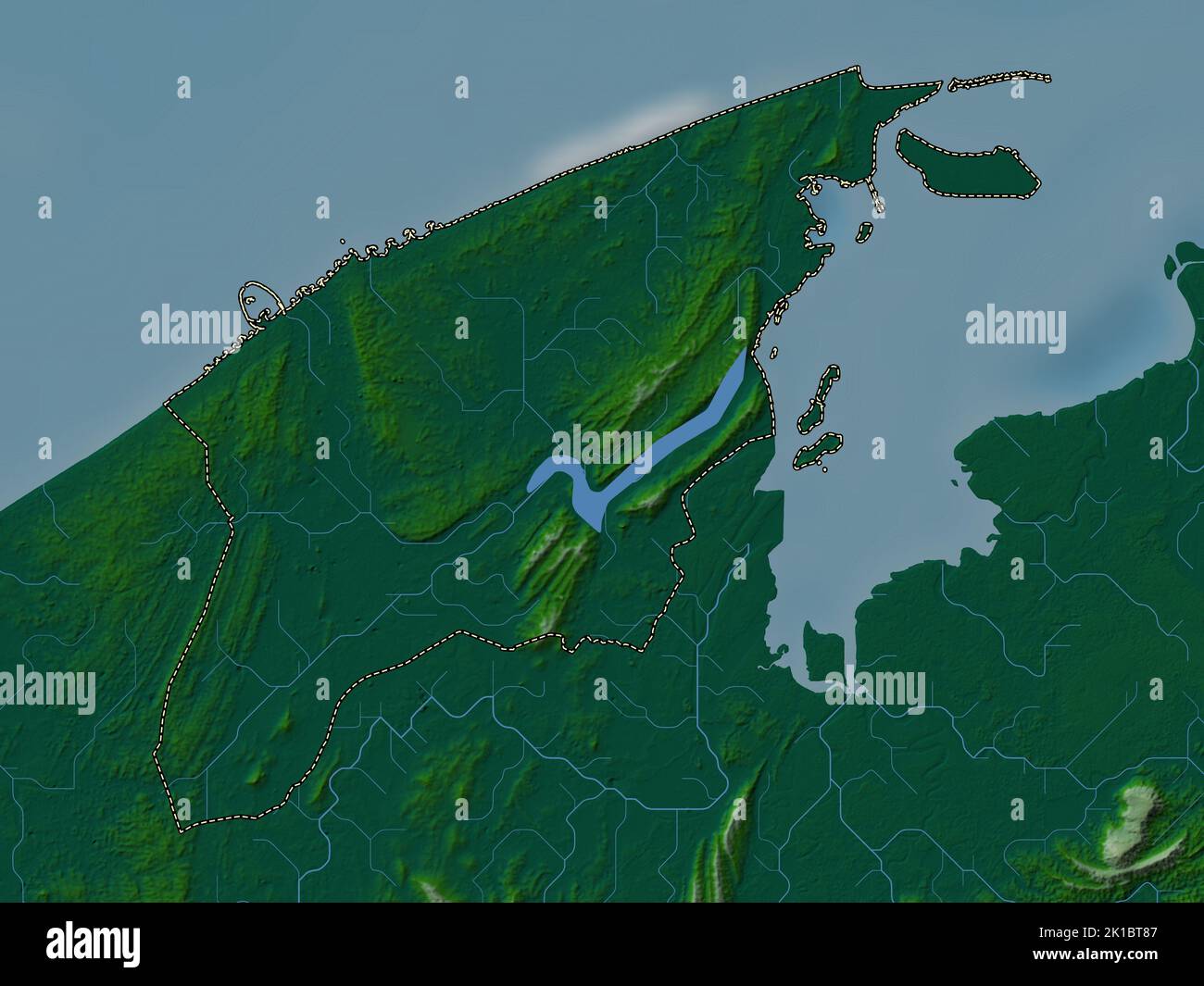 Brunei and Muara, district of Brunei. Colored elevation map with lakes ...