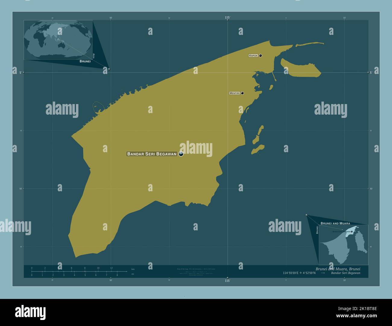 Brunei and Muara, district of Brunei. Solid color shape. Locations and ...