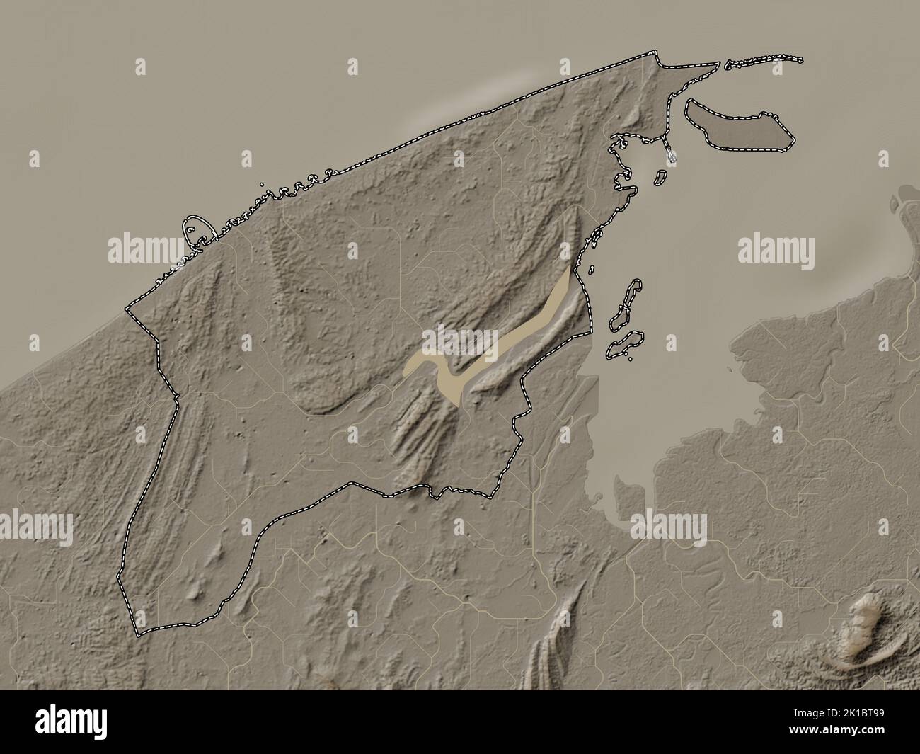 Brunei and Muara, district of Brunei. Elevation map colored in sepia ...