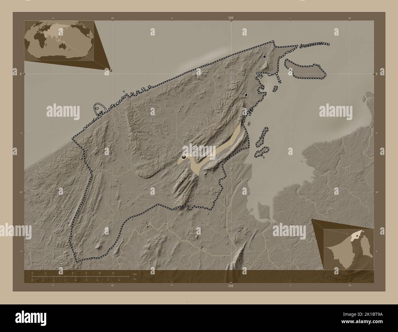 Brunei and Muara, district of Brunei. Elevation map colored in sepia ...