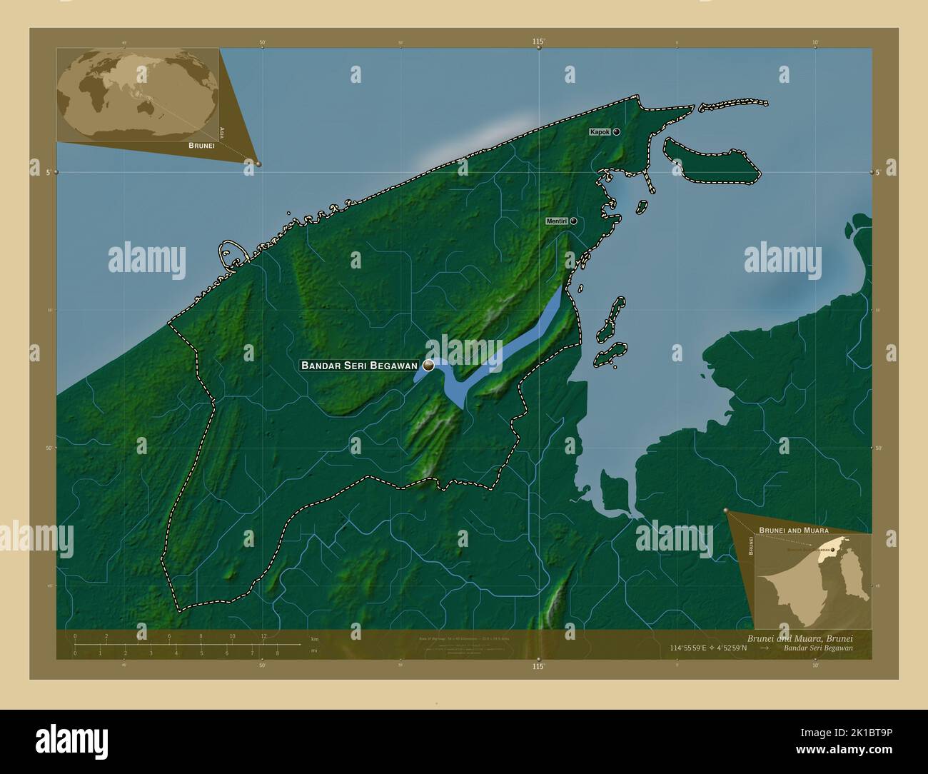 Brunei and Muara, district of Brunei. Colored elevation map with lakes ...
